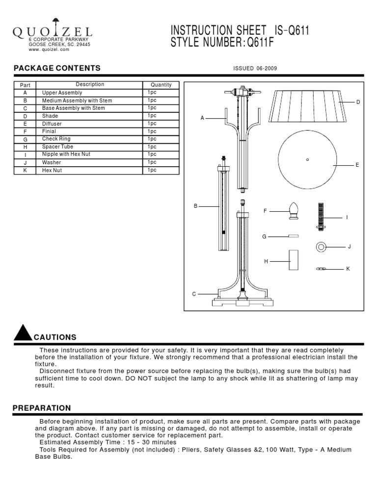 Instruction Sheet Is Q611 - Style Number Q611F:: Package Contents | PDF ...