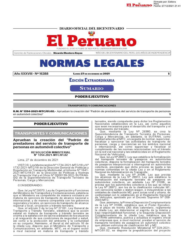 Resolución Ministerial #1354-2021-MTC/01.02 | PDF | Transporte | Regulación