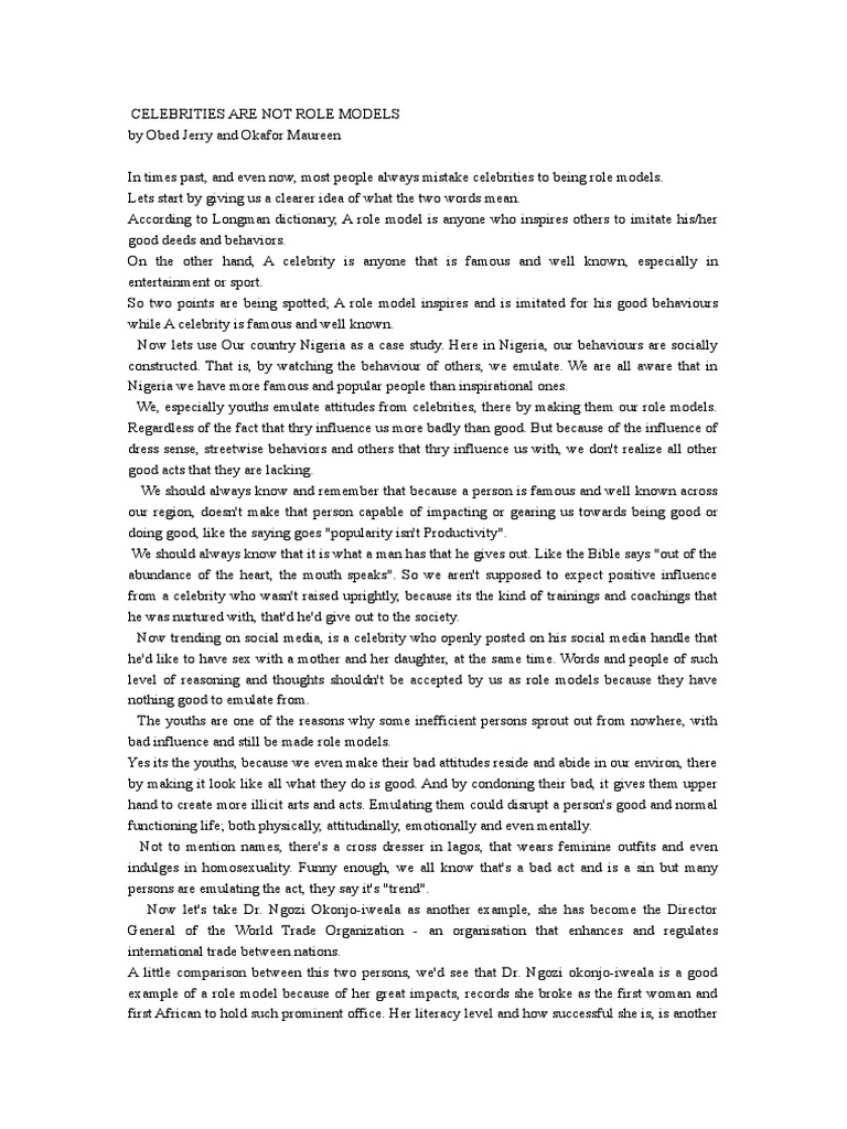 Celebrities: Poor Role Models for Youth | PDF | Psychological Concepts ...