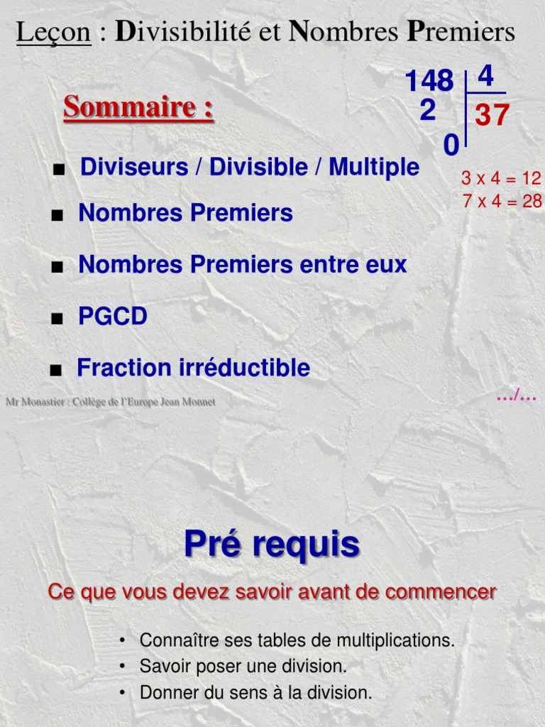 Lecon Diviseurs Nombres Premiers 3eme 2020 Elv | PDF | Théorie des ...