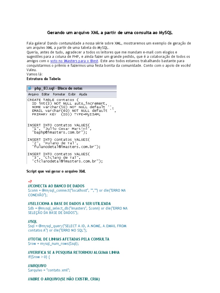 Gerando Um Arquivo XML A Partir de Uma Consulta Ao MySQL | PDF | XML | SQL