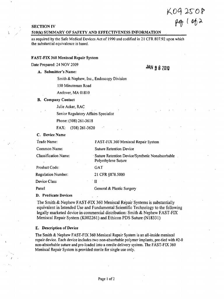 Fast-Fix 360 Meniscal Repair System 510(k) Summary | PDF | Federal Food ...