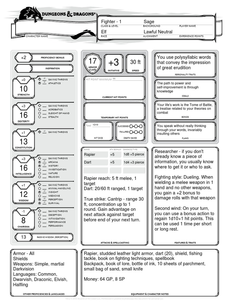 Character Sheet - Page 1 - Elf Fighter | PDF | Role Playing Games | Gaming