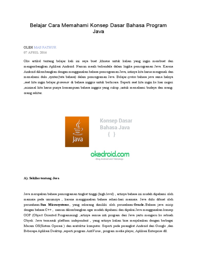 Belajar Cara Memahami Konsep Dasar Bahasa Program Java | PDF