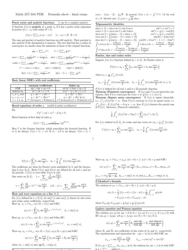 Partial Differential Equations Cheatsheet | PDF | Trigonometric ...