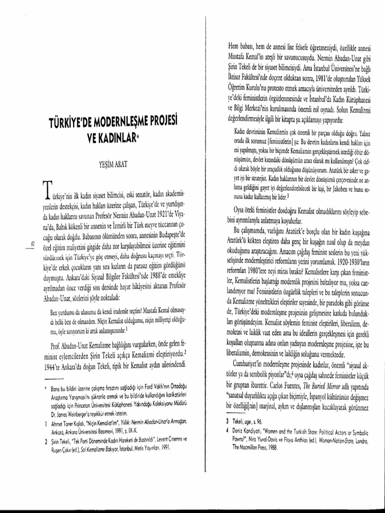 01-11-2010-Arat Yesim Turkiyede Modernlesme Projesi Ve Kadinlar | PDF
