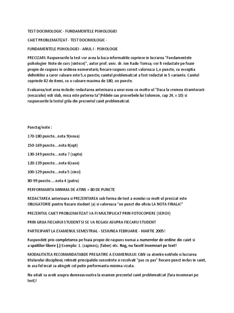 Test Docimologic Psihologie, Ex | PDF