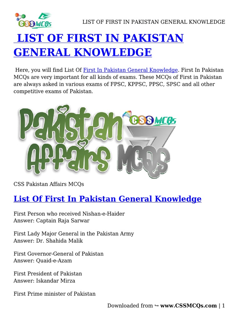 Firsts in Pakistan: General Knowledge Guide | PDF | Pakistan ...