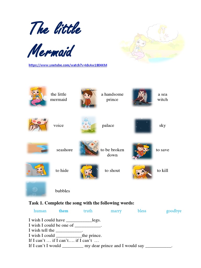 The Little Mermaid: Task 1. Complete The Song With The Following Words ...