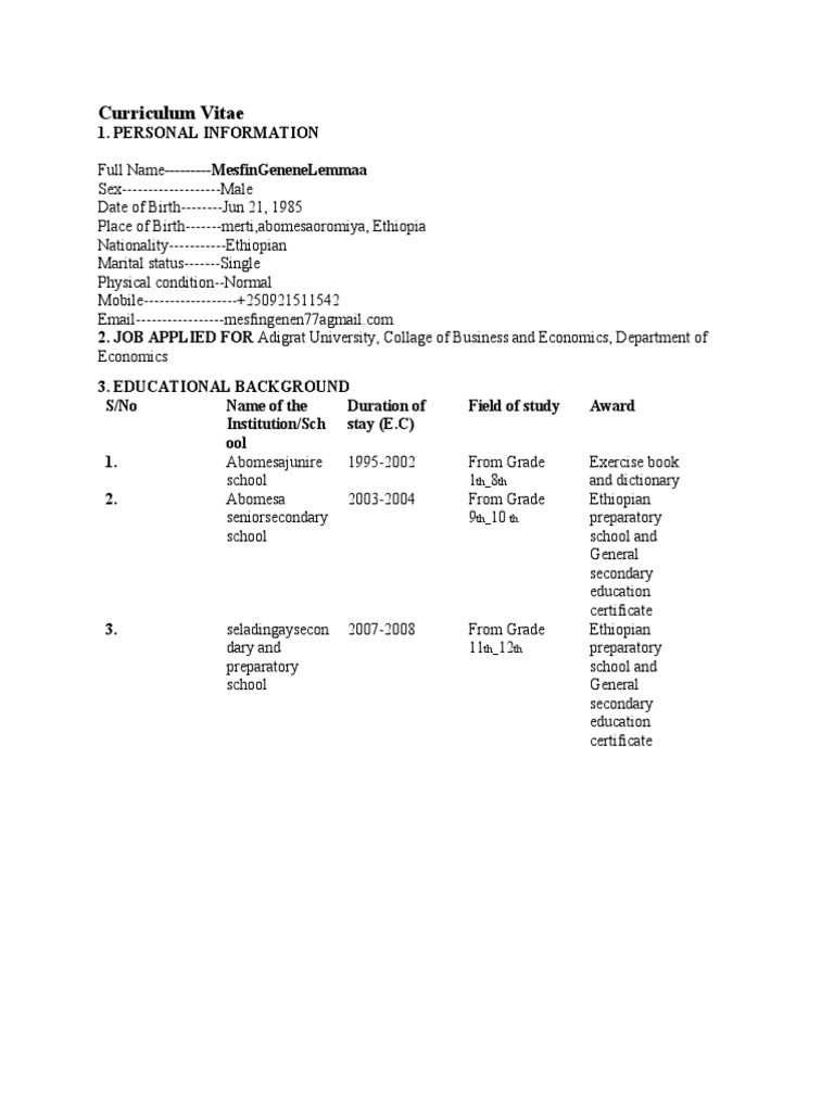 Mesfin Resume | PDF | Communication | Cognition