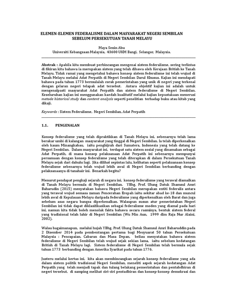 Elemen Federalisme Dalam Masyarakat Negeri Sembilan Sebelum Persekutuan ...