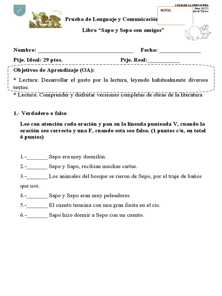 Prueba Libro Sapo y Sepo Son Amigos | PDF