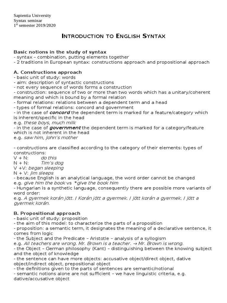 Ntroduction TO Nglish Yntax: Basic Notions in The Study of Syntax | PDF ...