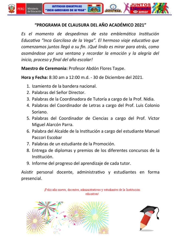 Programa de Clausura Del Año Académico 2021 | PDF