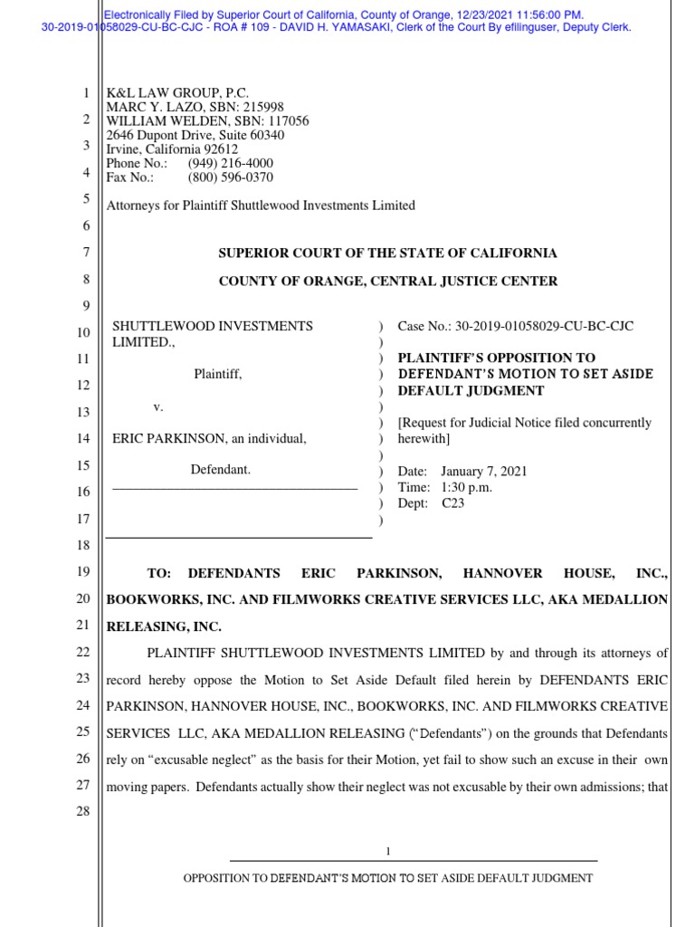 1 Opposition To Defendant'S Motion To Set Aside Default Judgment | PDF | Default Judgment | Mail