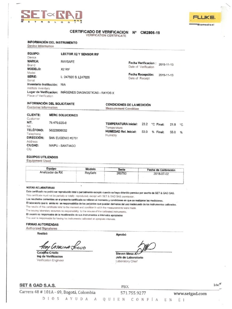 Certificado de Calibracion Ray Safe | PDF