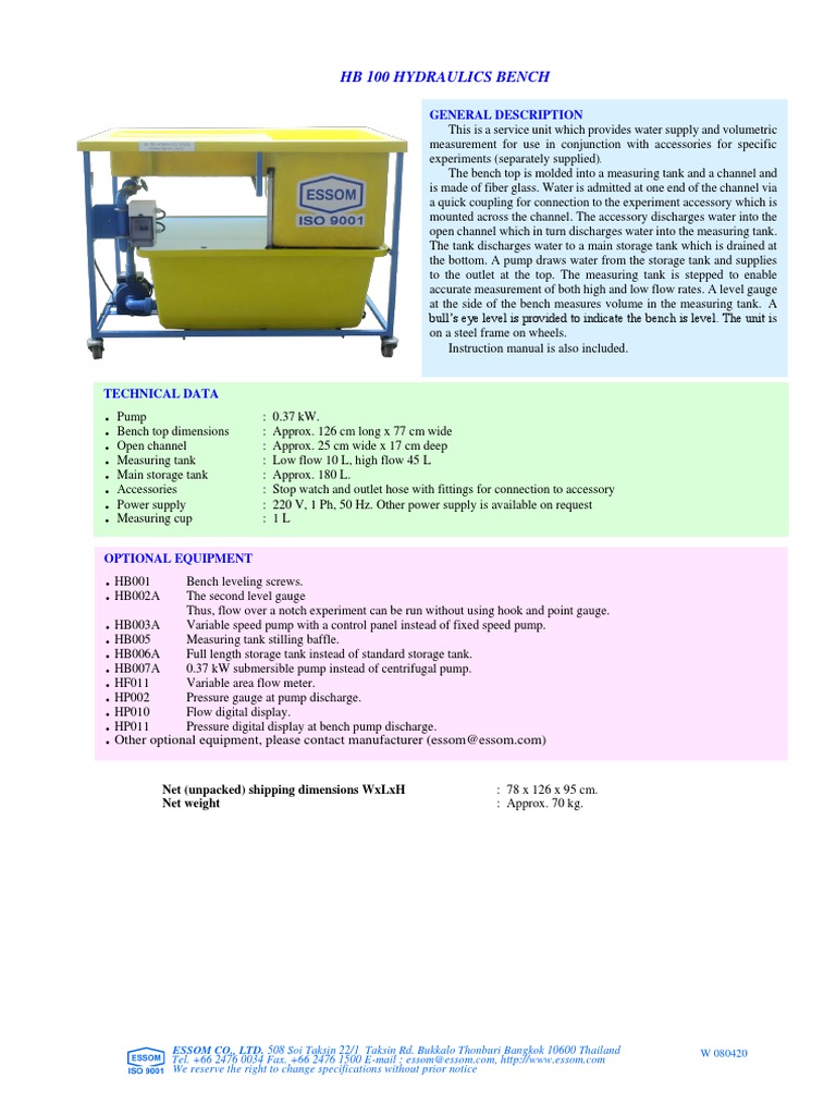 HB 100 Hydraulics Bench: General Description | PDF | Pump | Flow ...