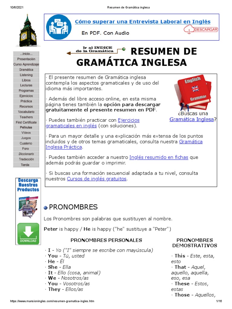 Resumen de Gramática Inglesa | PDF | Gramática inglesa | Género gramatical