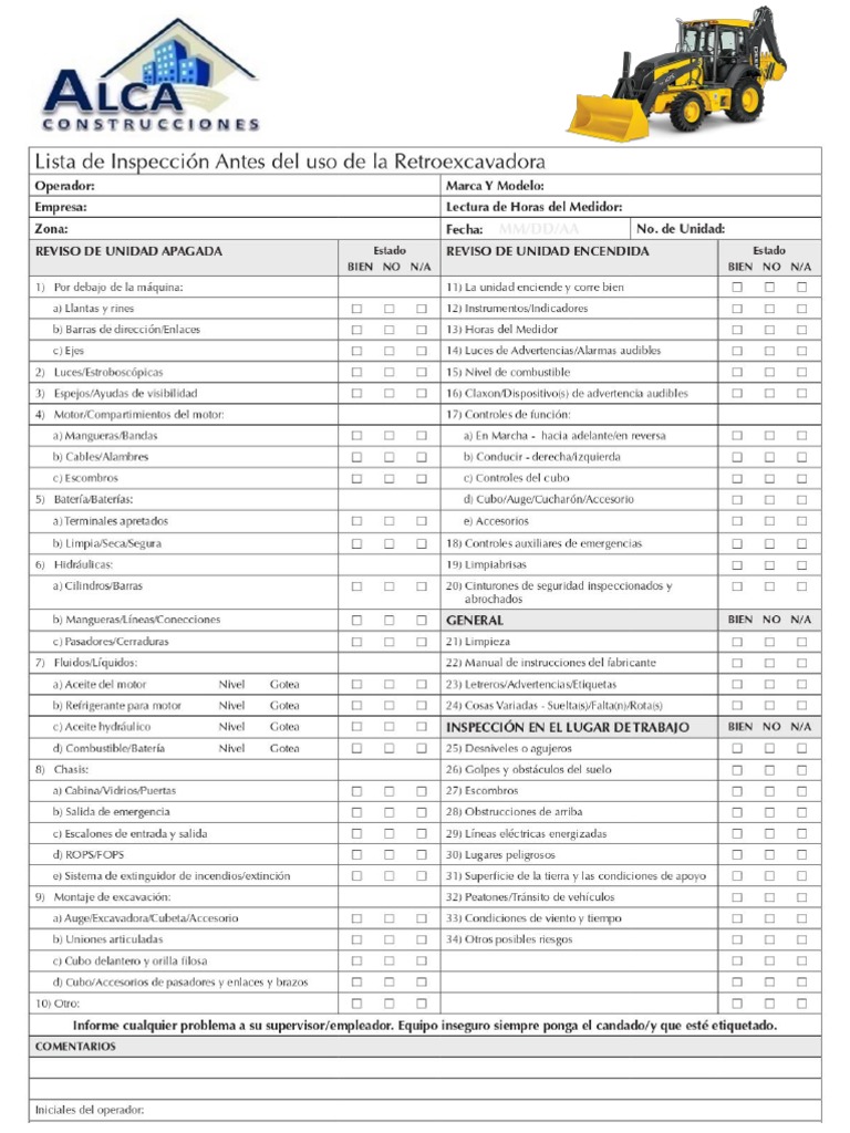 Check List Retroexcavadora | PDF