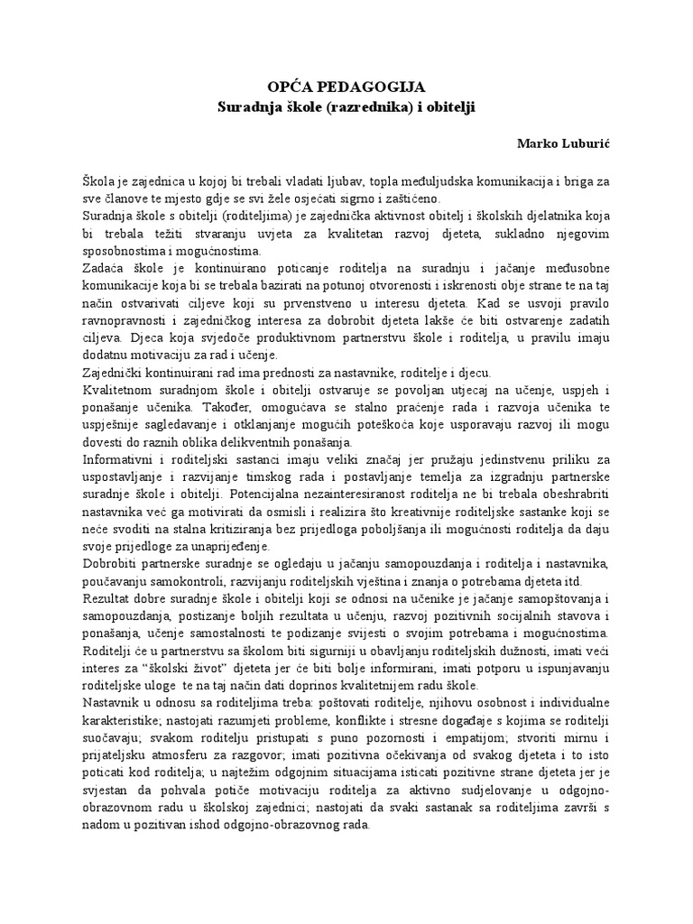 Suradnja Škole (Razrednika) I Obitelji | PDF