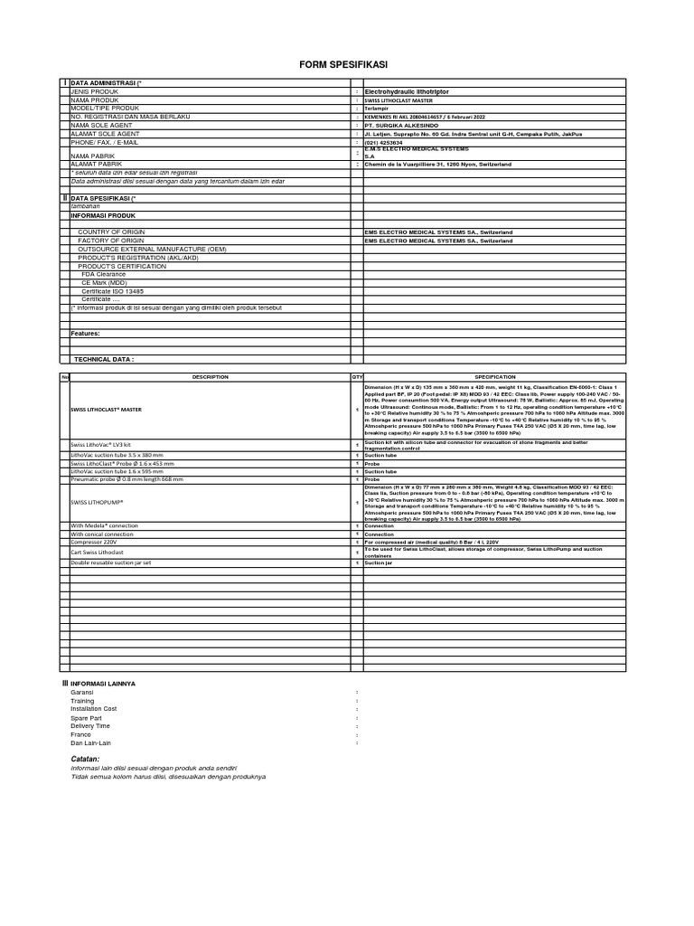 Spesifikasi SWISS LITHOCLAST MASTER | PDF | Pascal (Unit) | Atmospheric ...