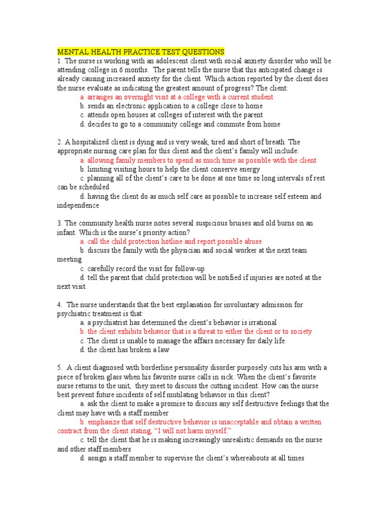 Mental Health Practice Test Questions | Download Free PDF | Psychiatry ...