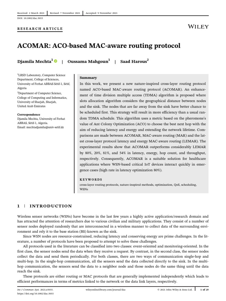 Acomar Aco Based Mac Aware Routing Protocol Djamila Mechta Oussama Mahgoun Saad Harous
