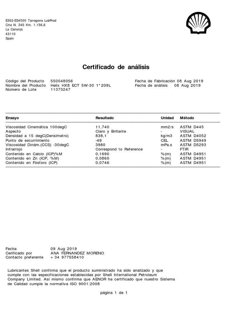 Certificate of Analysis Helix HX8 ECT 5W-30 | PDF