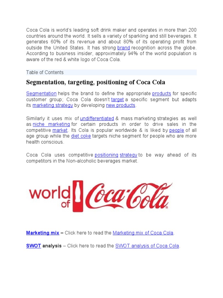 Segmentation, Targeting, Positioning of Coca Cola: Brand | PDF | Brand ...
