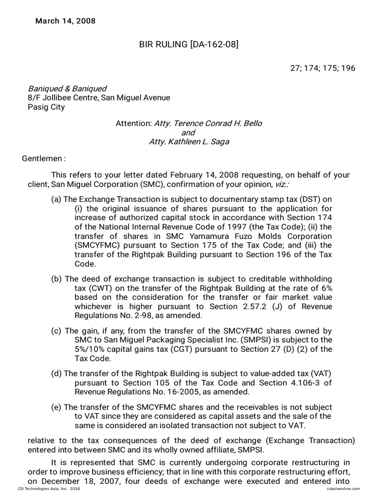 BIR Ruling DA-162-08 (DST On Issuance of Shares, Suspensive Condition) | PDF | Stocks | Taxes