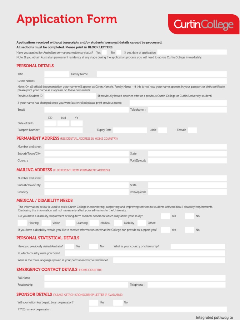 Curtin College International Application Form | PDF | Educational ...