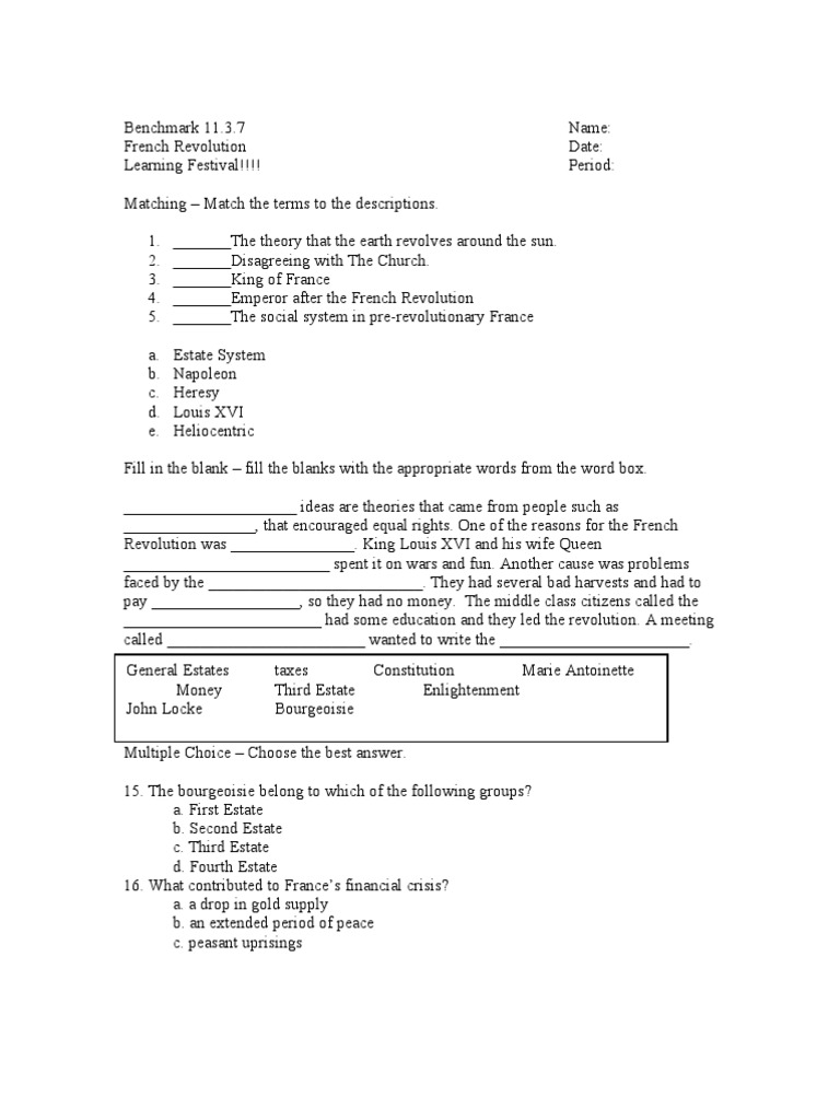 French Revolution Worksheet Answers | PDF | French Revolution | Reign ...