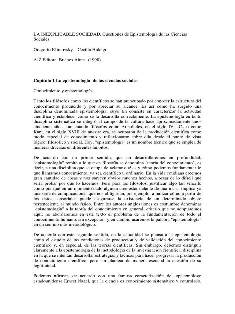 Klimovsky e Hidalgo 1998 La Inexplicable Sociedad. Cap 1 | PDF | Conocimiento | Ciencias Sociales