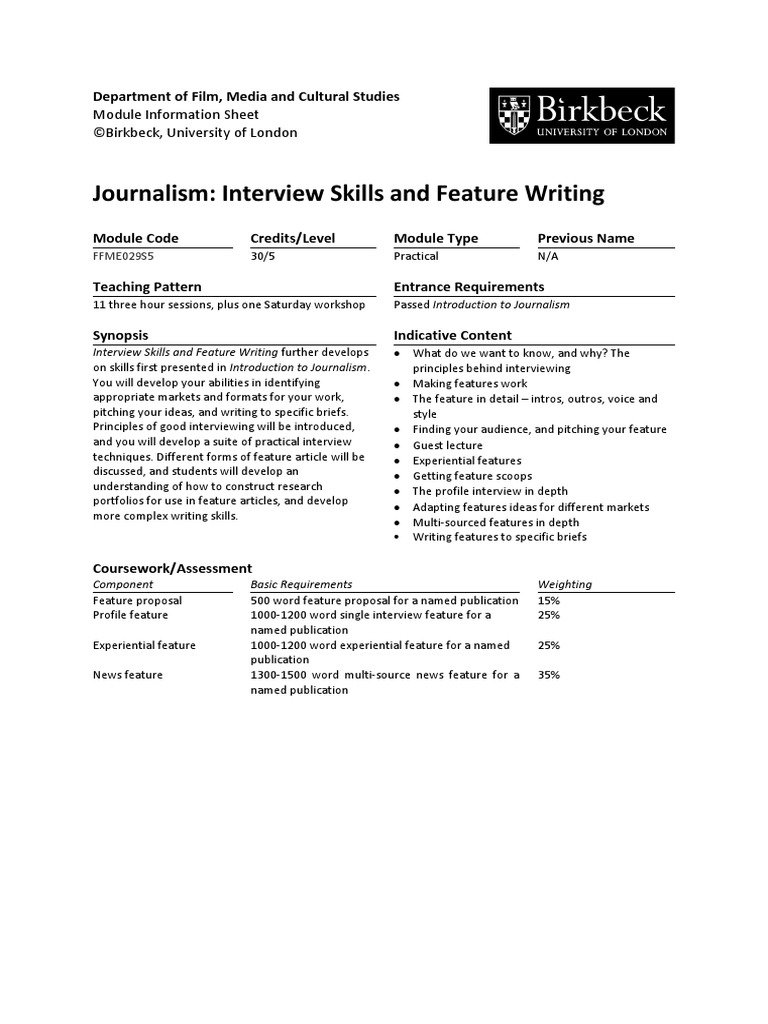 Journalism: Interview Skills and Feature Writing: Module Information ...