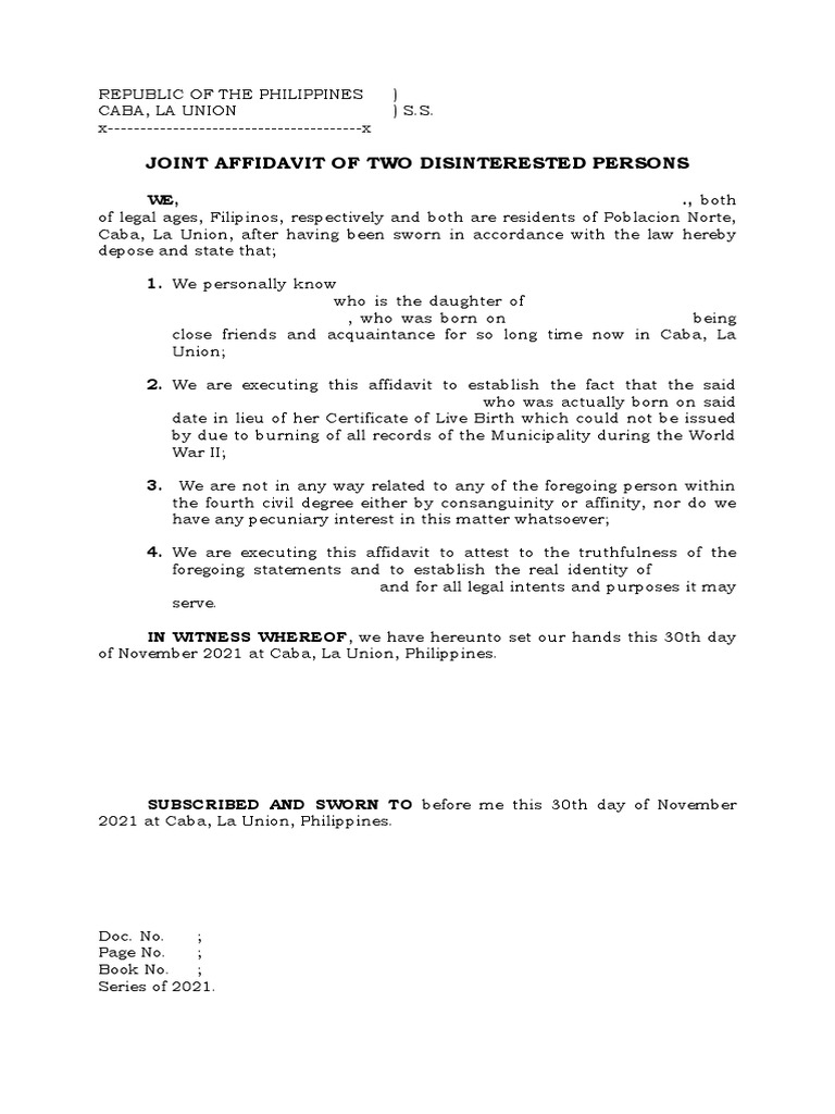 Affidavit of Two Disinterested Person Death | PDF | Affidavit | Document