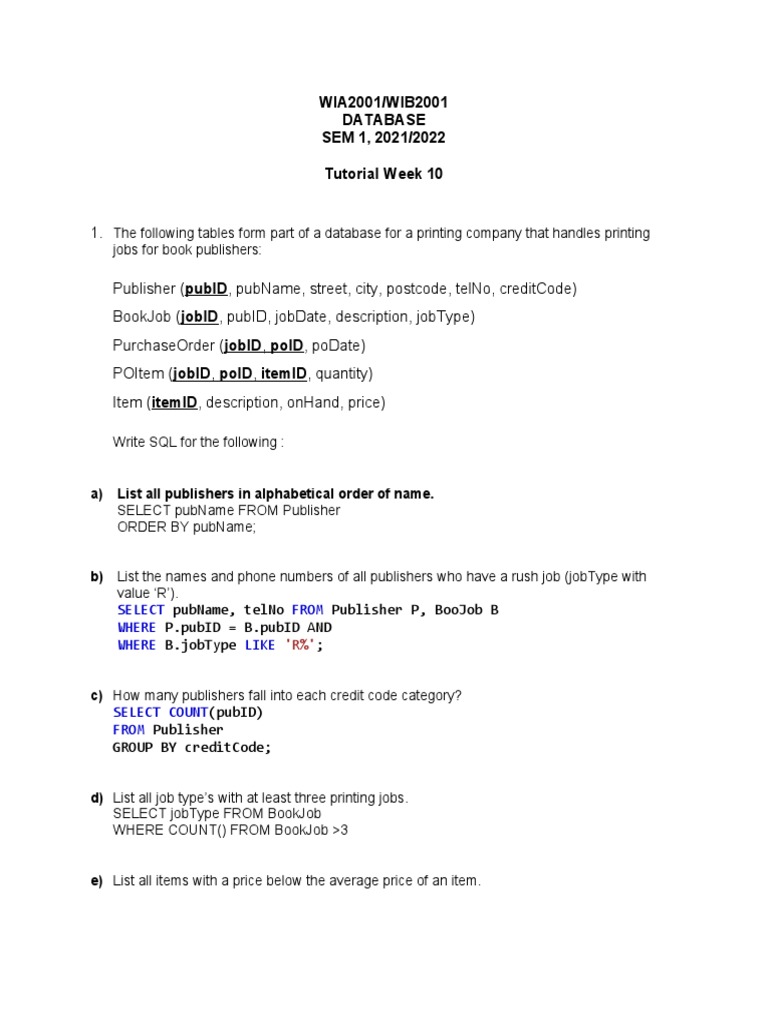 WIA2001/WIB2001 Database SEM 1, 2021/2022 Tutorial Week 10: Select From Where Where Like | PDF