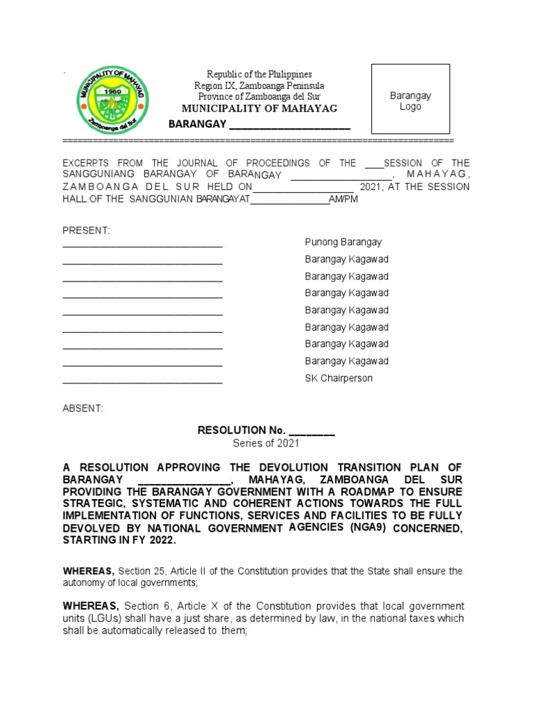DTP Brgy Resolution | PDF | Devolution | Local Government