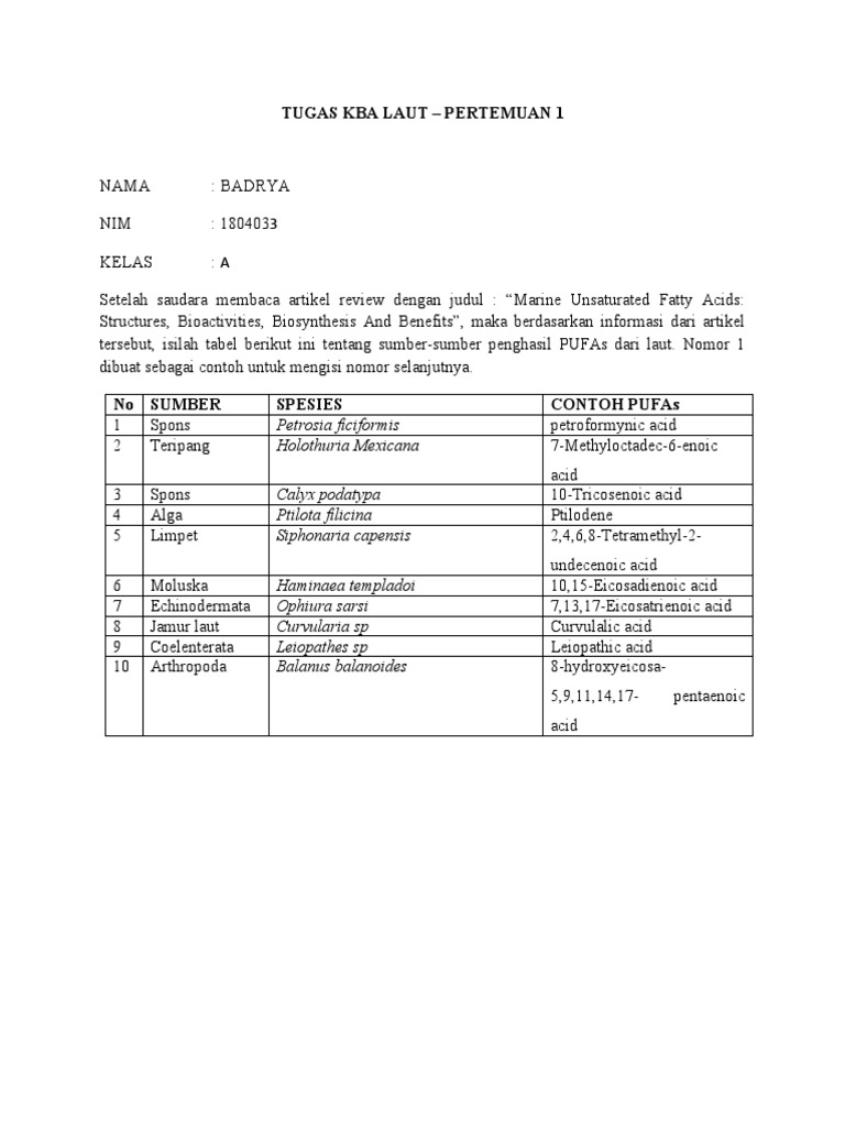 Sumber PUFAs dari Laut dan Contohnya | PDF