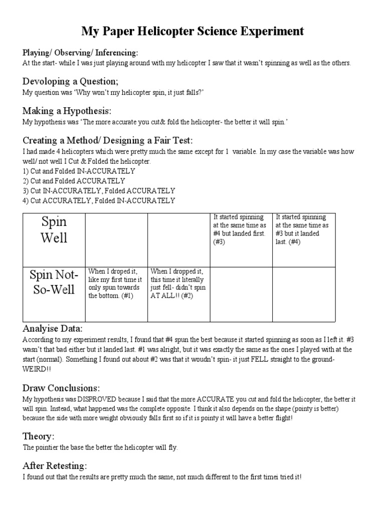 Paper Helicopter Science Experiment Write Up | PDF | Experiment | Science