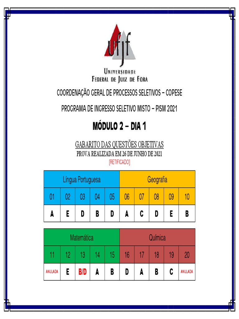 GABARITO PISM 2021 OBJETIVA PISM II Dia 1 - Retificado | PDF