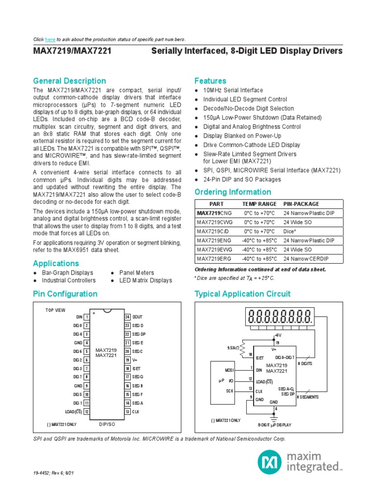 MAX7219/MAX7221 Serially Interfaced, 8-Digit LED Display Drivers | PDF ...
