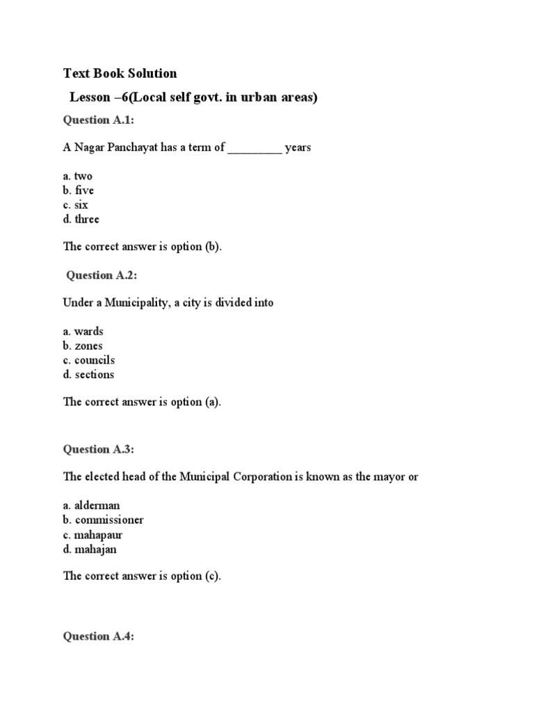 Text Book Solution Lesson - 6 (Local Self Govt. in Urban Areas) | PDF ...