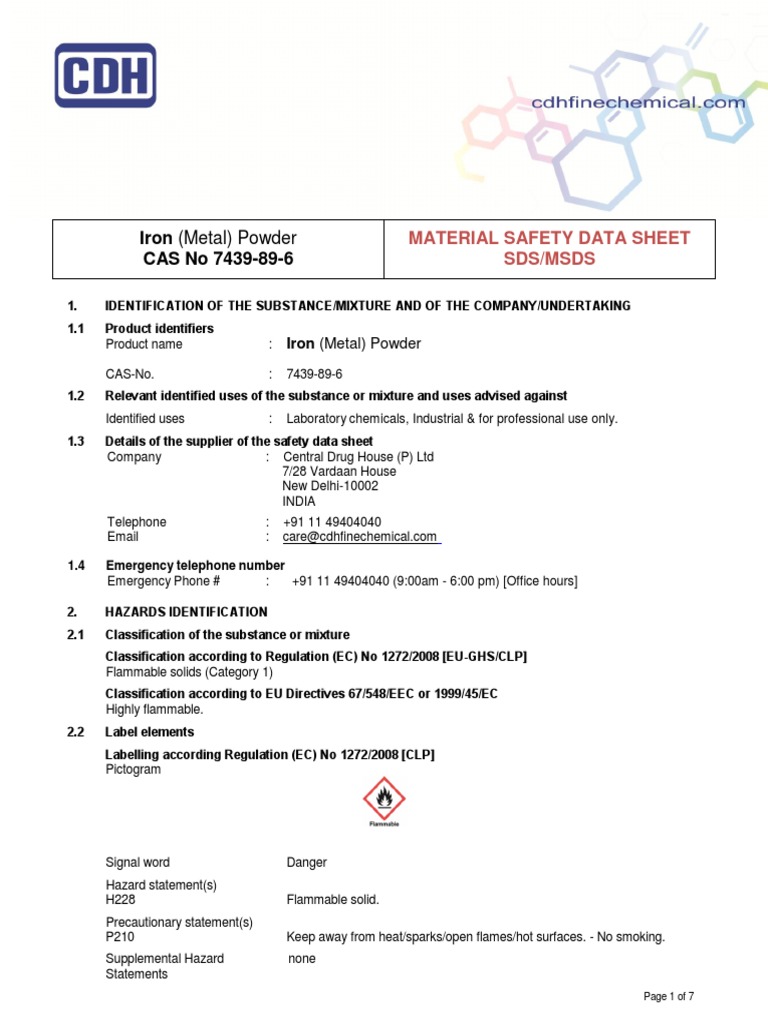 Iron (Metal) Powder CAS No 7439-89-6: Material Safety Data Sheet Sds ...