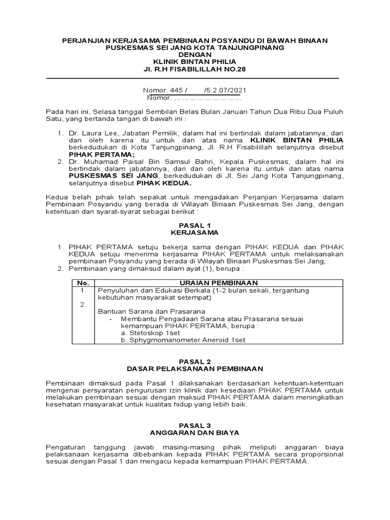 Mou Klinik Puskesmas 2021 Pdf
