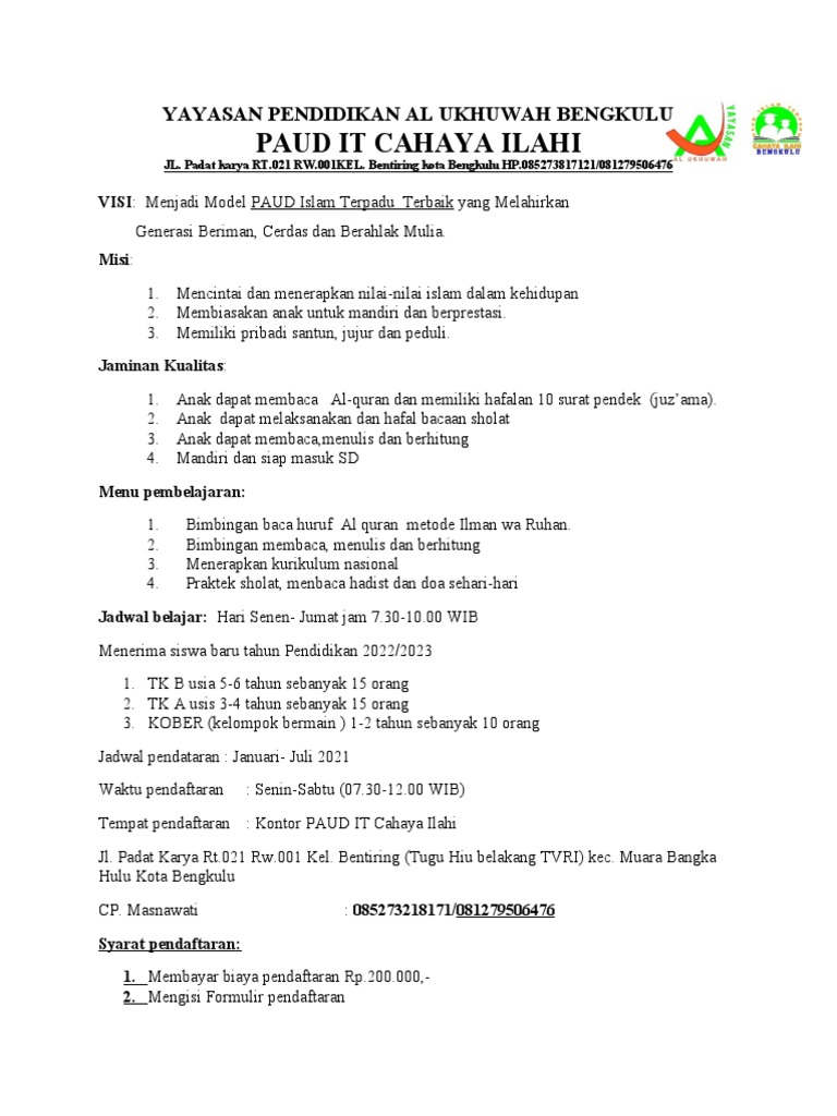 Bahan Brosur PAUD Cahaya Ilahi | PDF