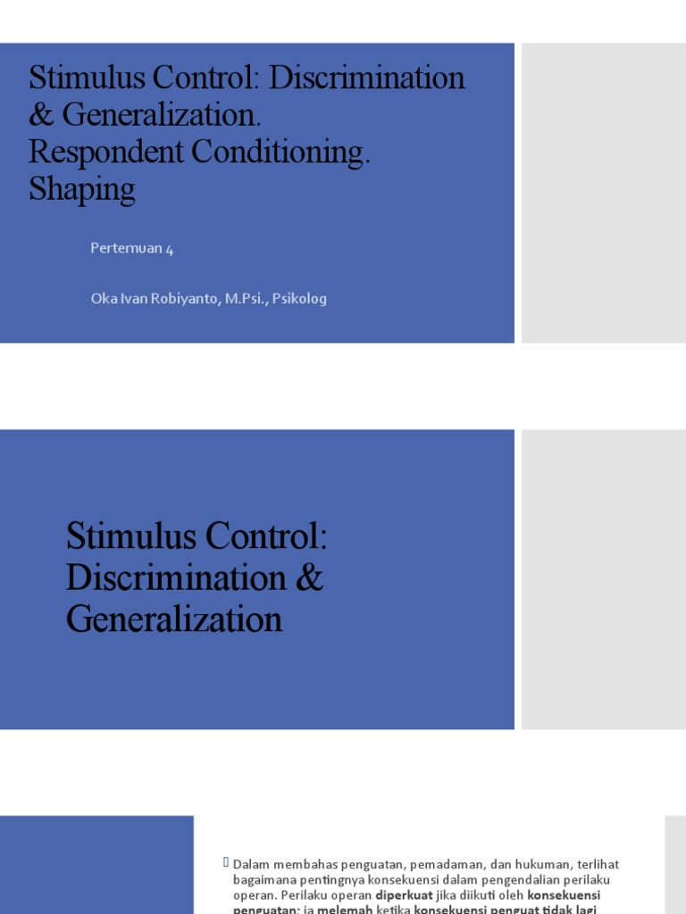 Pertemuan 4-Stimulus Control, Discrimination & Generalization, Respondent Conditioning | PDF