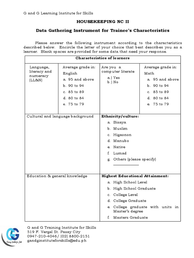 Data Gathering Tool For Trainees' Characteristics - Cabanlet | PDF ...