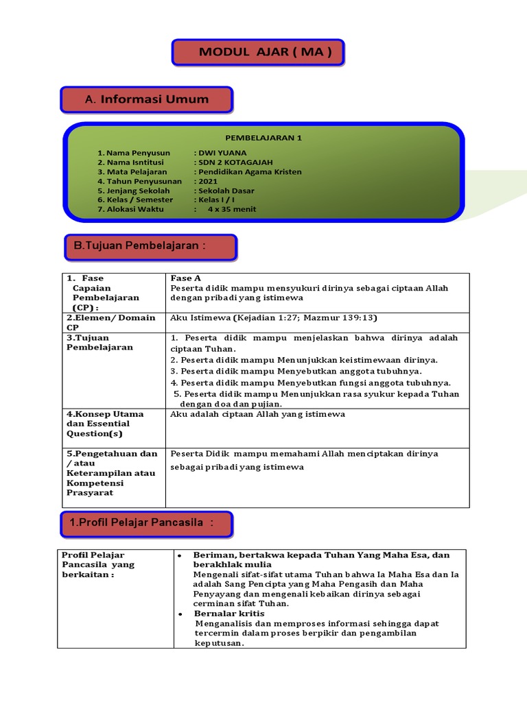 Modul Ajar Pendidikan Agama Kristen KLS 1 SMT 1 SDN 2 Kotagajah | PDF