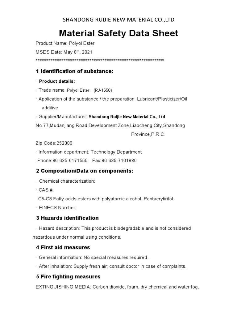 MSDS-Polyol Ester (RJ-1650) | PDF | Carbon Dioxide | Dangerous Goods