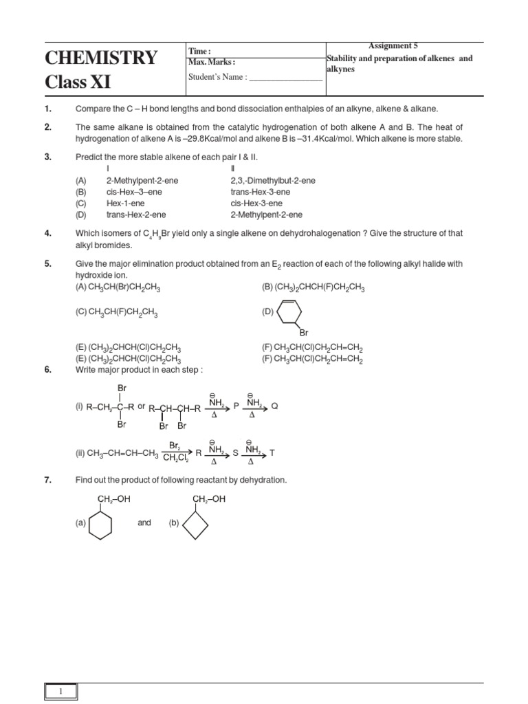 Assignment 5 Stability and Preparation of Alkenes and Alkynes Sub | PDF | Alkene | Alkane